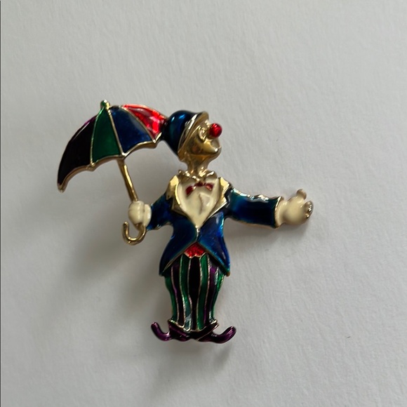 Jewelry | Colorful Vintage Clown Brooch With Umbrella | Poshmark